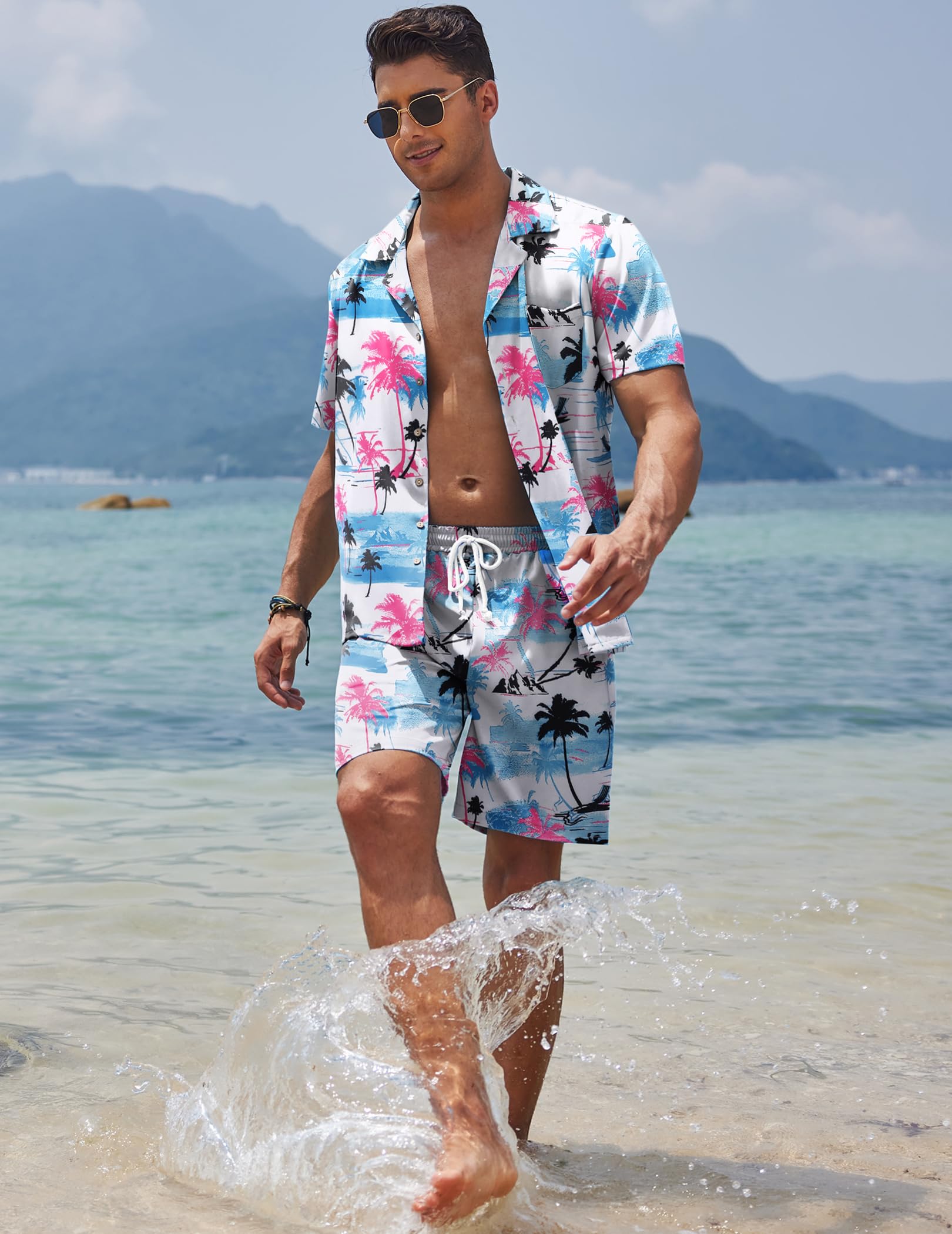 COOFANDY Men's Hawaiian 2 Piece Short Set Cruise Wear Short Sleeve Button Down Shirts and Shorts