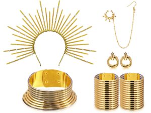 5 pcs african vintage gold flamboyant jewelry set egypt choker bracelet african nose rings hoop chain earrings crown headpiece sunburst spiked headband for women costume accessories theme party