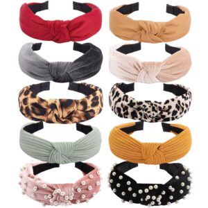 ondder velvet and cheetah cloth knotted turban headbands for women - 10 pack pearls, wide hair accessories, and head bands