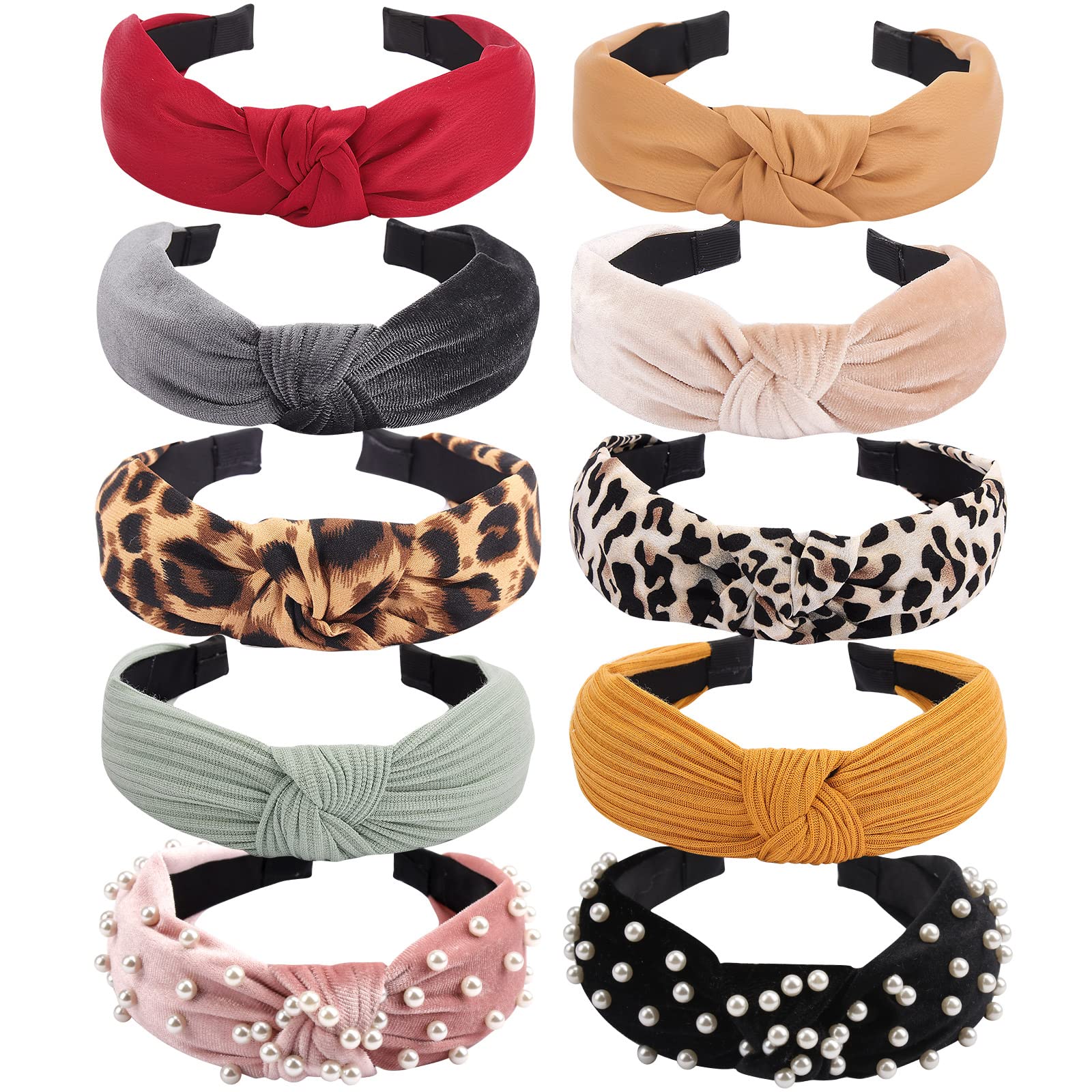 Ondder Velvet and Cheetah Cloth Knotted Turban Headbands for Women - 10 Pack Pearls, Wide Hair Accessories, and Head Bands