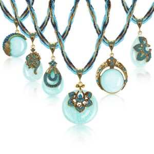 inbagi 6 pieces women bohemian necklaces turquoise statement valentine's day necklaces gifts boho twist woven rope chunky chain turquoise rhinestone pendant jewelry vintage collar necklace for ladies