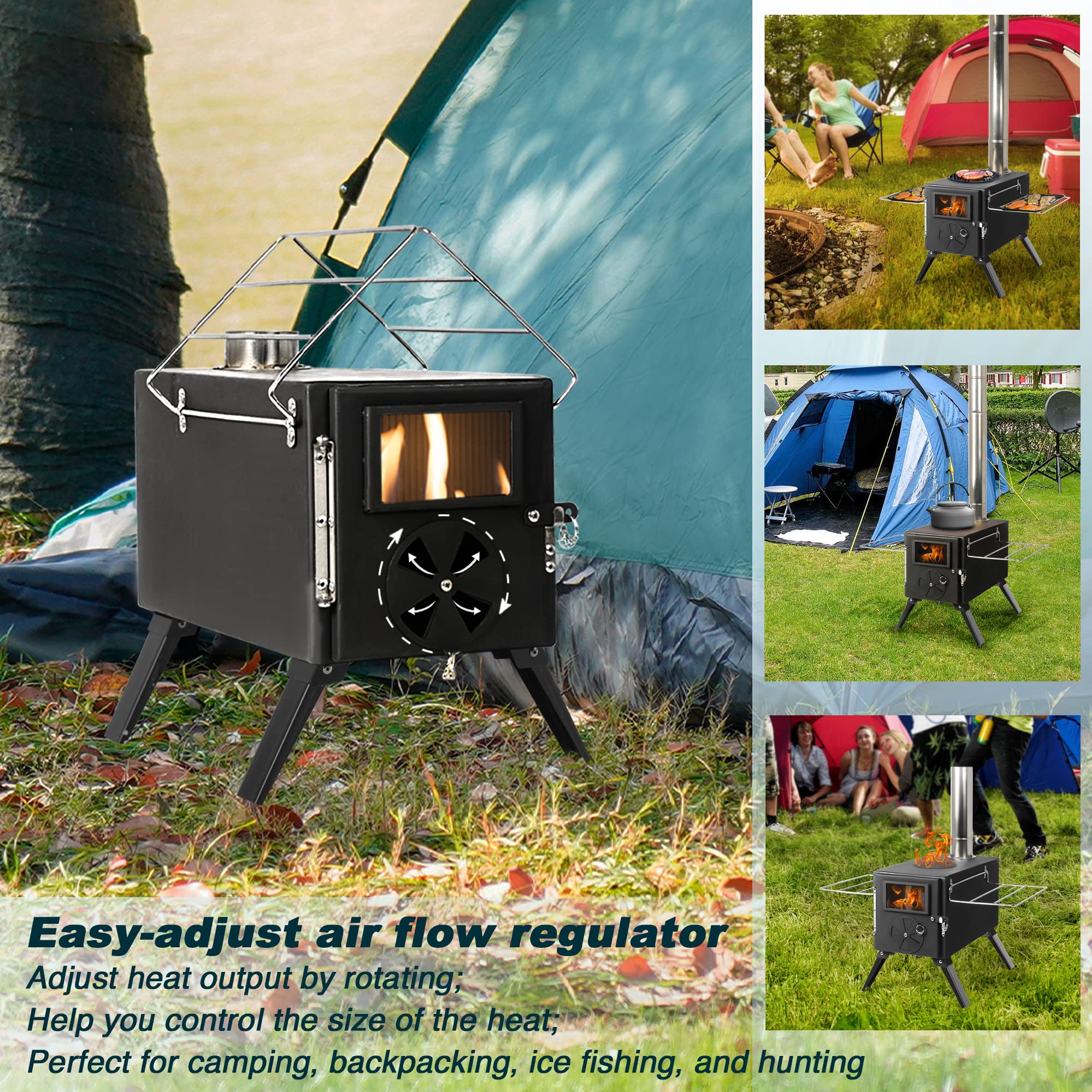 LAZZO Camping Tent Stove, Portable Wood Burning Stove with Pipes for tent, Heating Burner Stove for Camping, Outdoor Camping Tent Wood Stove for Cooking, Ice-fishing,Travel, Hiking,Backpacking trip