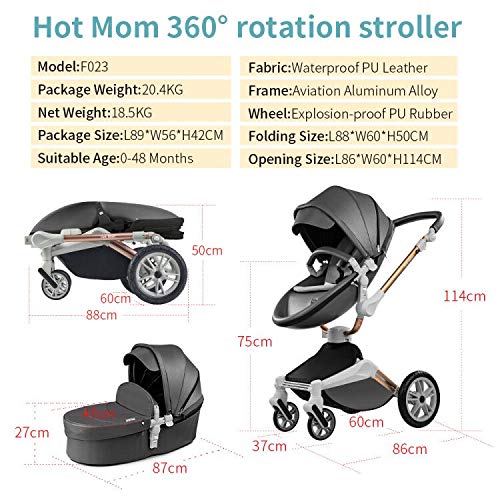 Hot Mom 2 Ultra Baby Stroller with 360° Rotation Function, PU Leather Pushchair Stylish and Convenient Pram for Newborns, 2024 (Dark Grey)