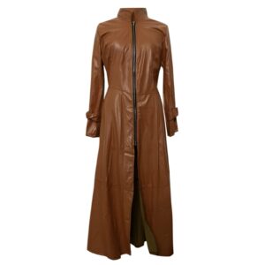 INESVER Womens Leather Long Sleeve Jacket Dress Full Zipper Leather Long Jacket Coats Fashion Lapel Collar Outwear