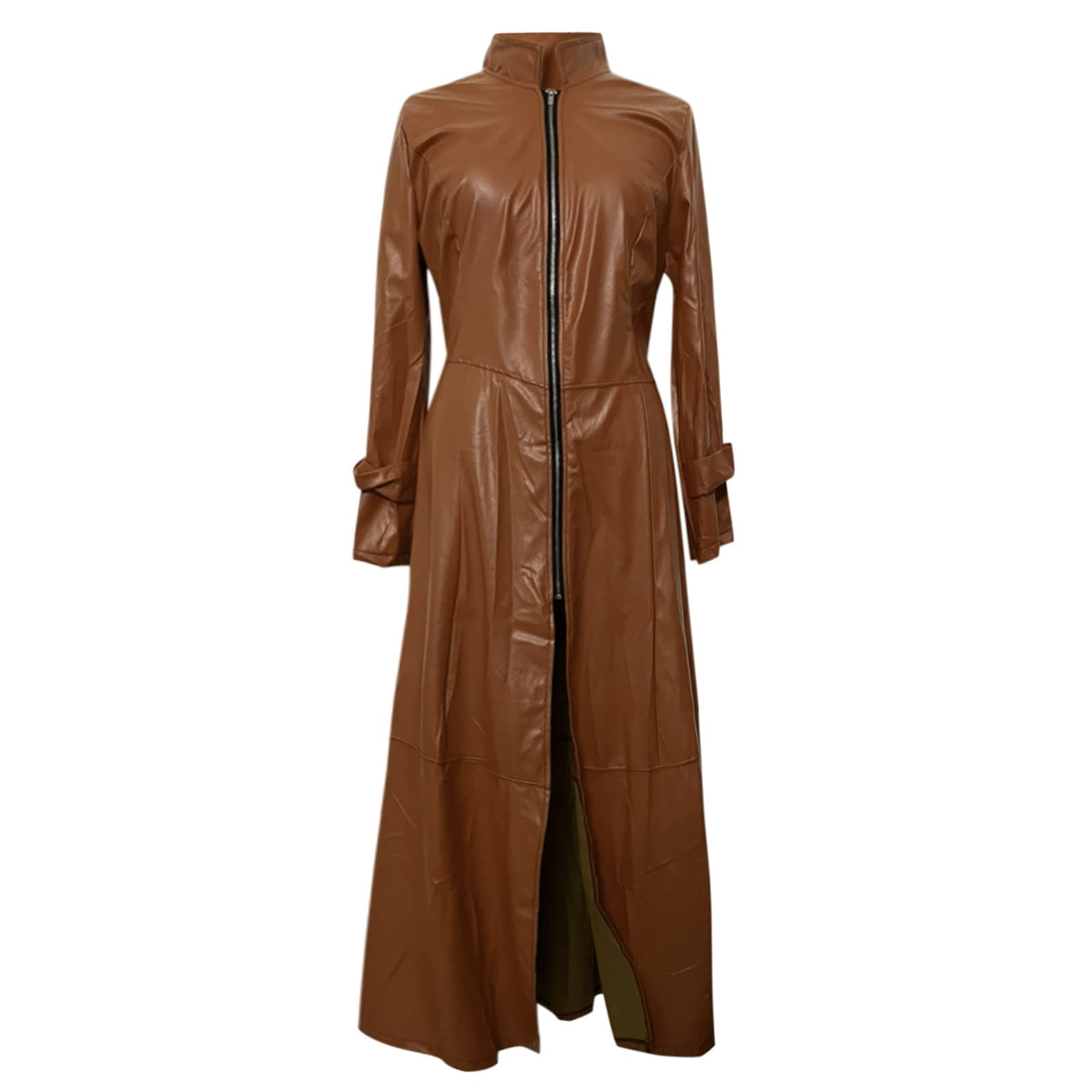 INESVER Womens Leather Long Sleeve Jacket Dress Full Zipper Leather Long Jacket Coats Fashion Lapel Collar Outwear