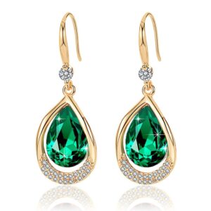 austrian crystal halo teardrop hollow drop dangle earrings for women 14k rose gold plated hypoallergenic jewelry (emerald)