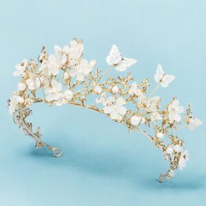 Butterfly Flower Tiara Bride Crown For Women Rhinestone Pearl Tiara For Girls Bridesmaid Fairy Crown Headband Wedding Birthday Party Jewelry Hair Accessories(Gold）