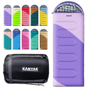 kanyak water-resistant portable purple sleeping bag for adults teens and kids, perfect outdoor companion for 3-4 season hiking，hunting，camping and backpacking