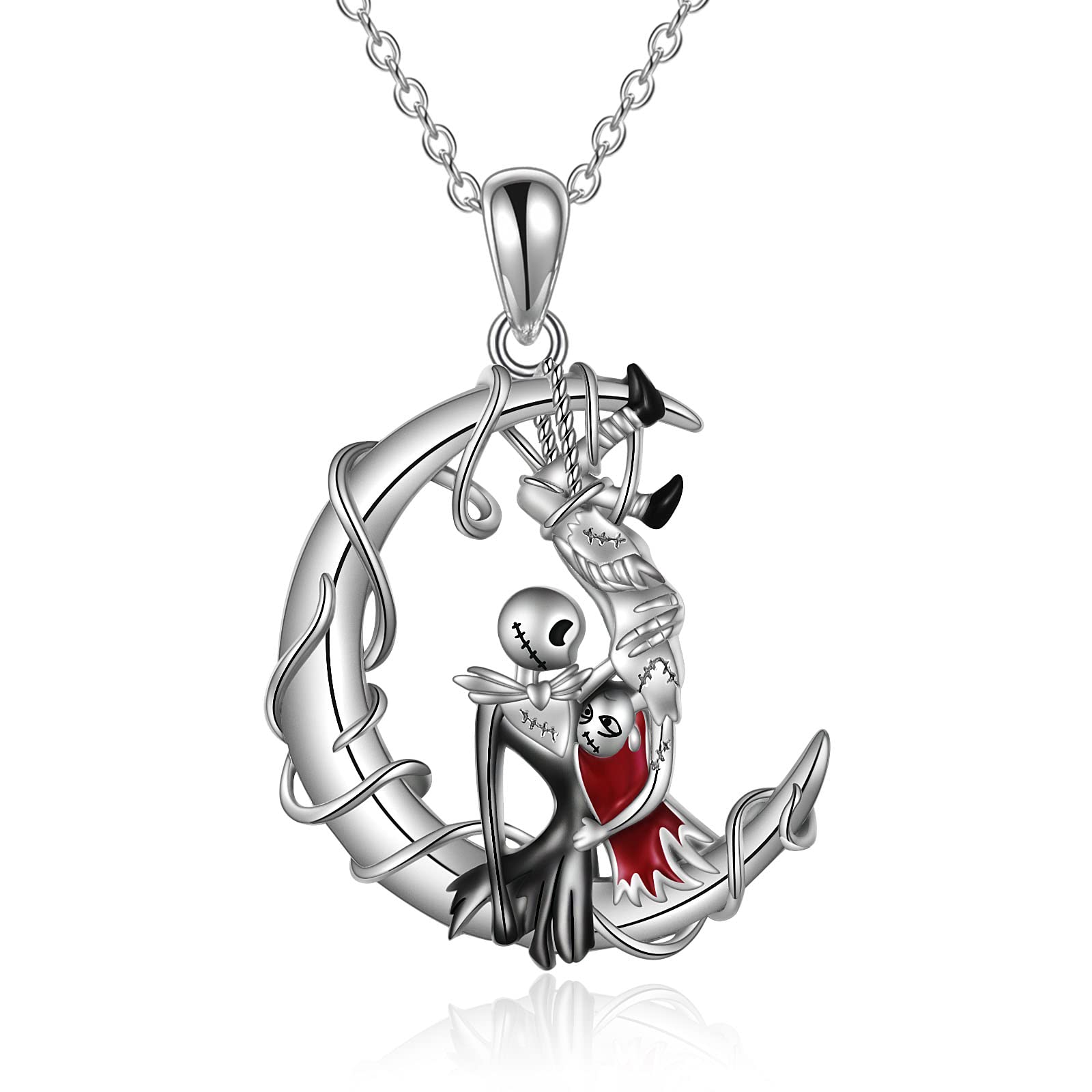 ONEFINITY Nightmare Necklace Sterling Silver Jack and Sally Moon Pendant Necklace Gothic Valentines Day Jewelry for Women Wife Daughter