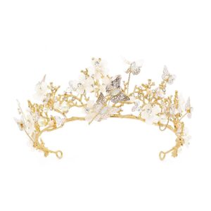 butterfly flower tiara bride crown for women rhinestone pearl tiara for girls bridesmaid fairy crown headband wedding birthday party jewelry hair accessories(gold）