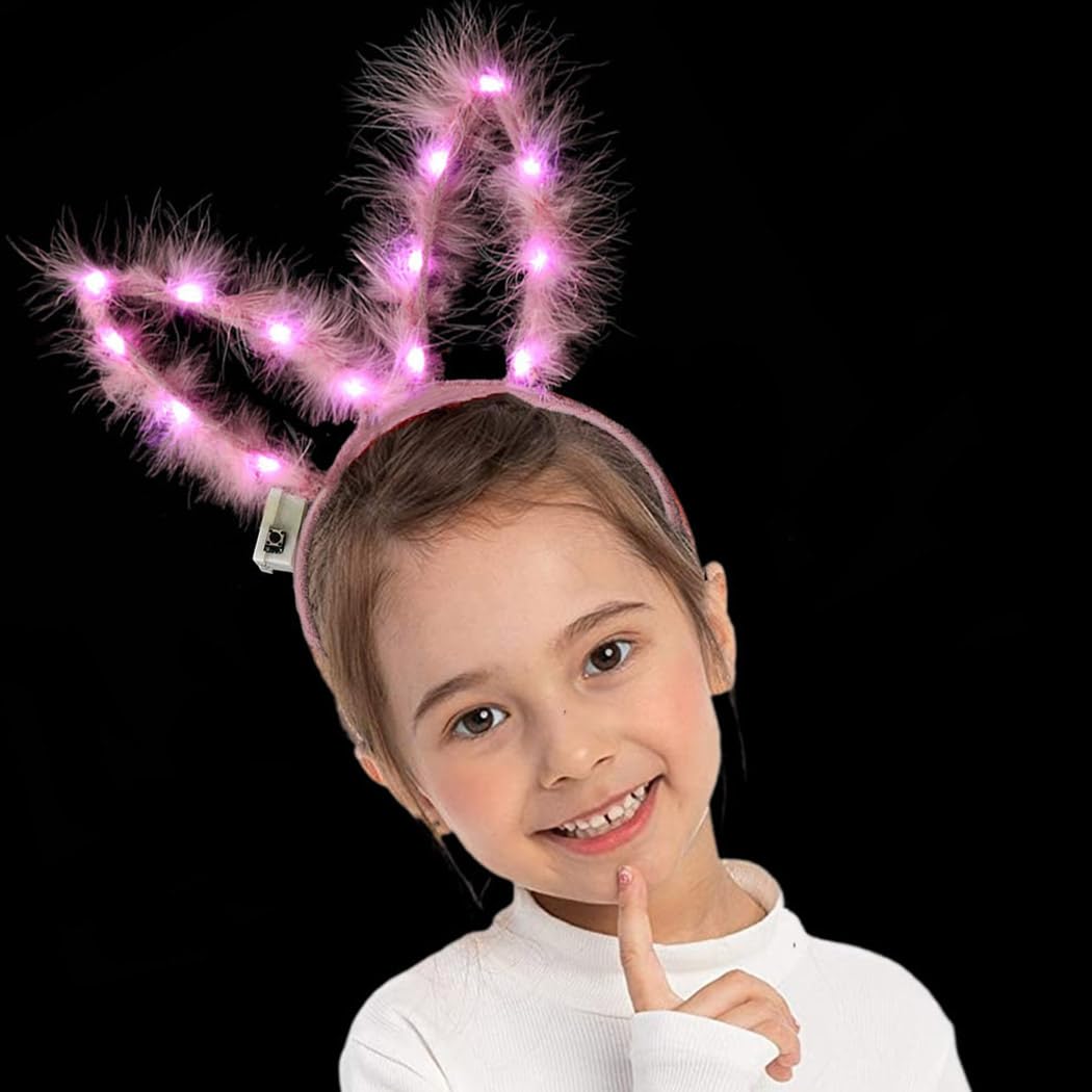 Werhonton Light Up Headbands LED Bunny Ears Headband Easter Christmas Halloween Hair Accessories for Women and Girls(2Pcs) (Pink/Pink)