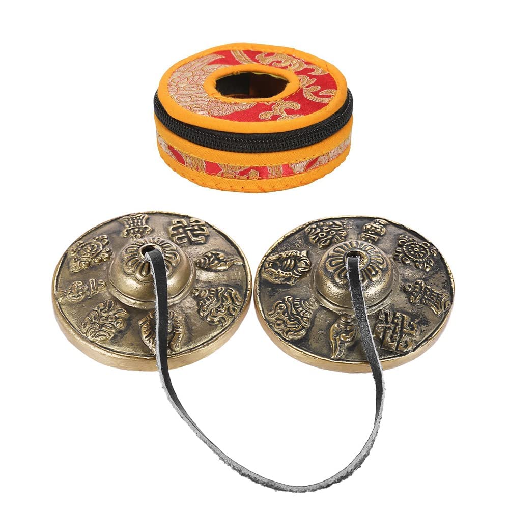 Heysland Tibetan Tingsha Cymbal Bell 2.6in/6.5cm Handcrafted Yoga Bell Meditation Chime Bells with Bag Eight Auspicious Symbols,HL03B