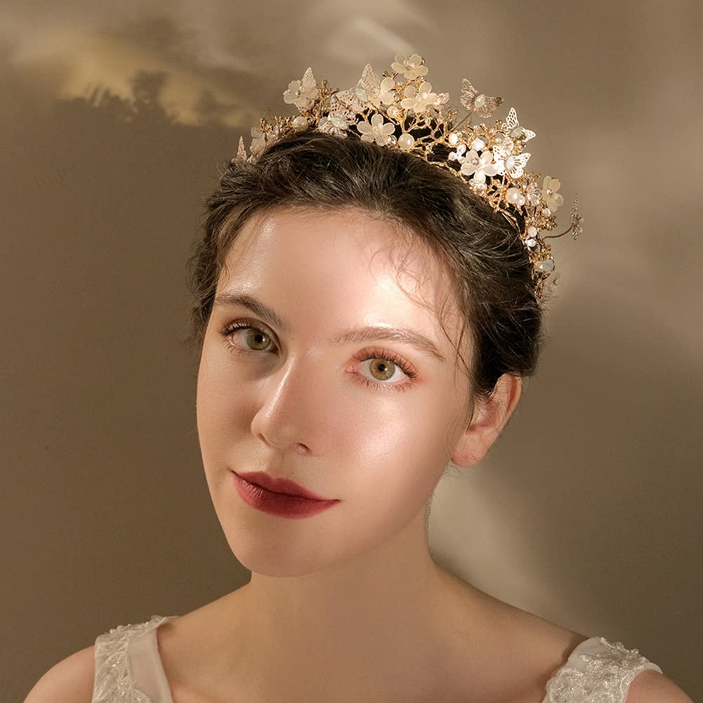 Butterfly Flower Tiara Bride Crown For Women Rhinestone Pearl Tiara For Girls Bridesmaid Fairy Crown Headband Wedding Birthday Party Jewelry Hair Accessories(Gold）