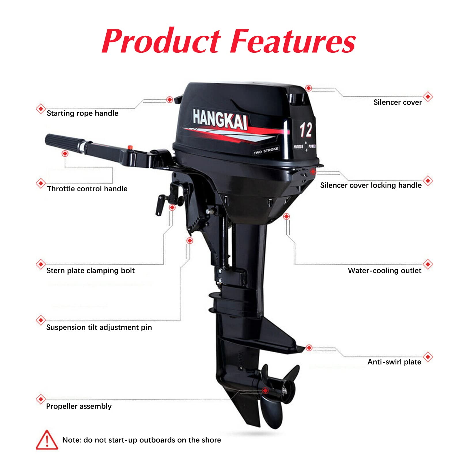 BJTDLLX Short Shaft Outboard Motor, 2 Stroke 12 HP Outboard Boat Motor, 169CC Heavy Duty Fishing Boat Engine Marine Engine Tiller Control Motor with Water Cooling & CDI Ignition System