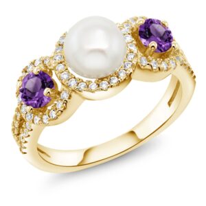 gem stone king 18k yellow gold plated silver round purple amethyst and cultured freshwater pearl ring for women (1.30 cttw, gemstone birthstone, available in size 5, 6, 7, 8, 9)