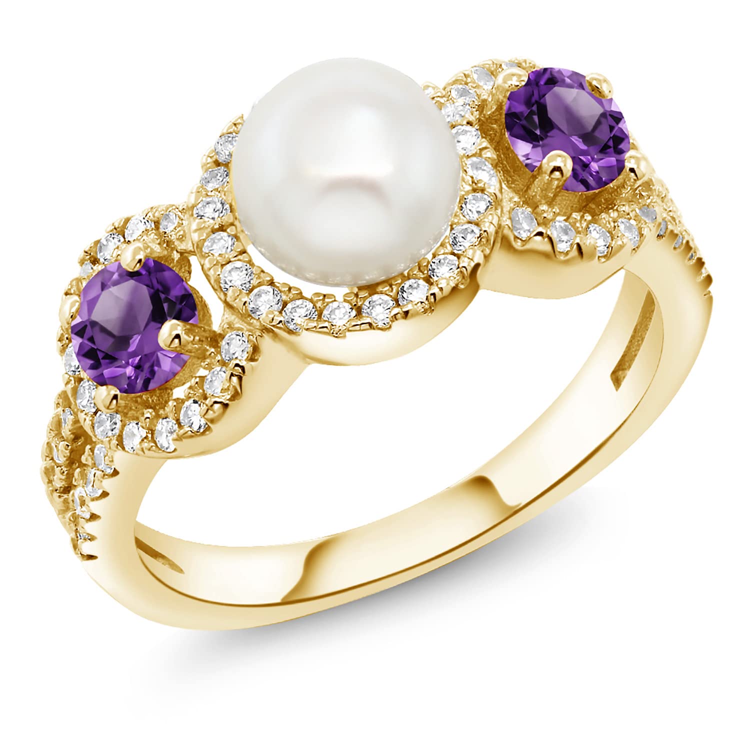 Gem Stone King 18K Yellow Gold Plated Silver Round Purple Amethyst and Cultured Freshwater Pearl Ring For Women (1.30 Cttw, Gemstone Birthstone, Available In Size 5, 6, 7, 8, 9)