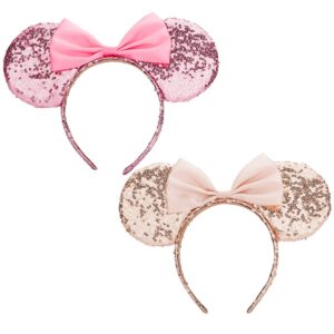 seamoy mouse ears headband,2pcs sequin halloween minnie ears headband glitter hairband for princess party cosplay costume headwear minnie&mickey themed party decorations (gold&pink)