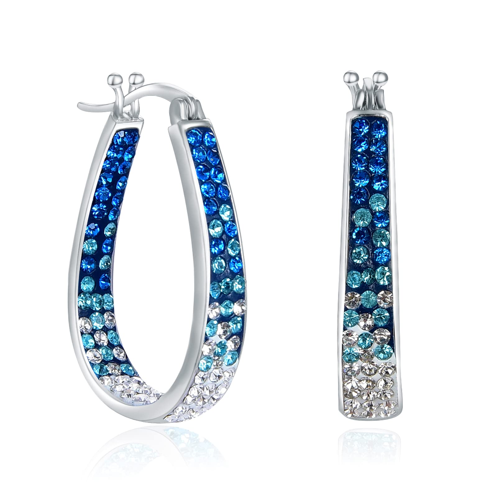 Rhodium Plated Blue and White Gradient Crystal Hoop Earrings for Women, Sparkly Royal Blue Earrings Fashion Jewelry