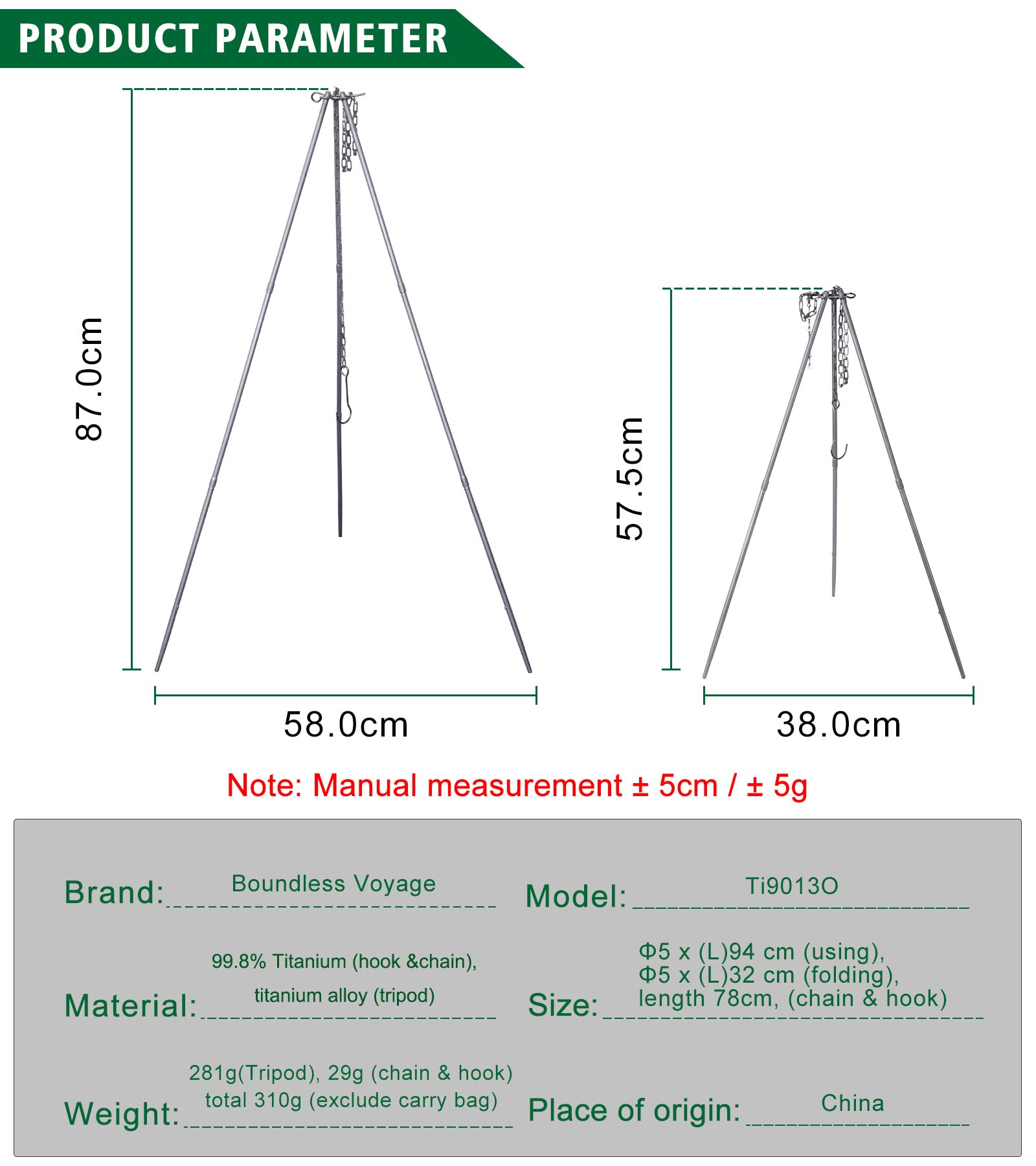 iBasingo Outdoor Titanium Pot with Lid Folding Handle Camping Hanging Cookware Hiking Picnic Ultralight Bowl Tableware (Ti9013O-Tripod)