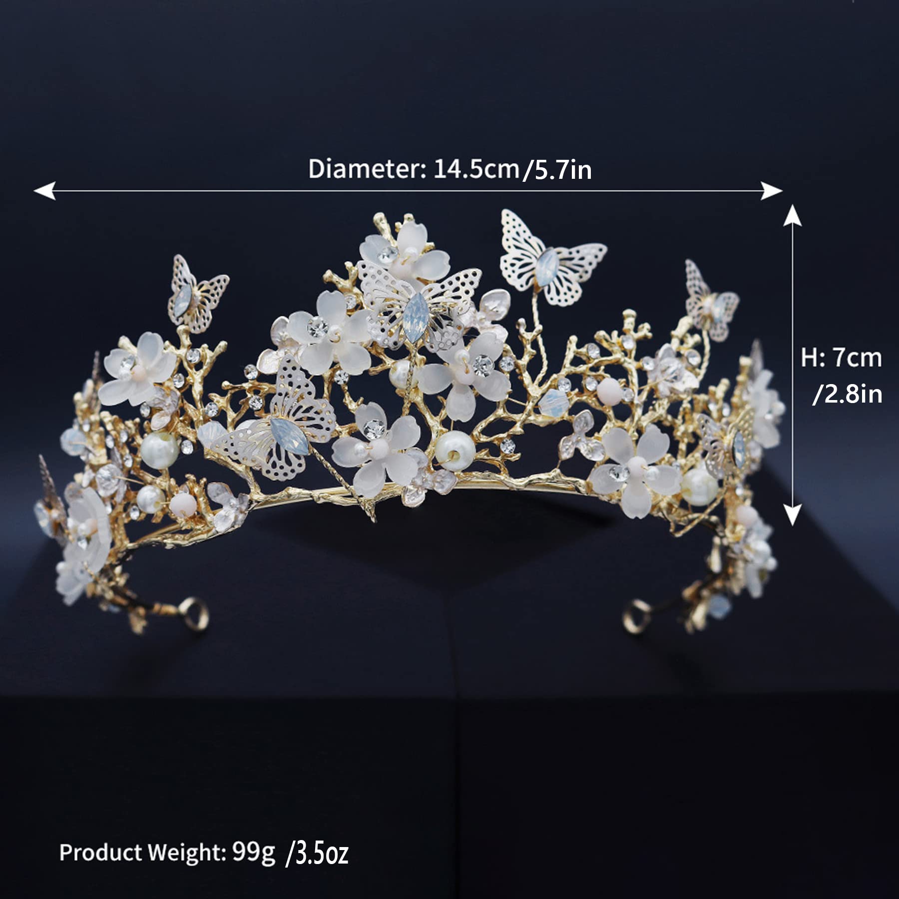 Butterfly Flower Tiara Bride Crown For Women Rhinestone Pearl Tiara For Girls Bridesmaid Fairy Crown Headband Wedding Birthday Party Jewelry Hair Accessories(Gold）