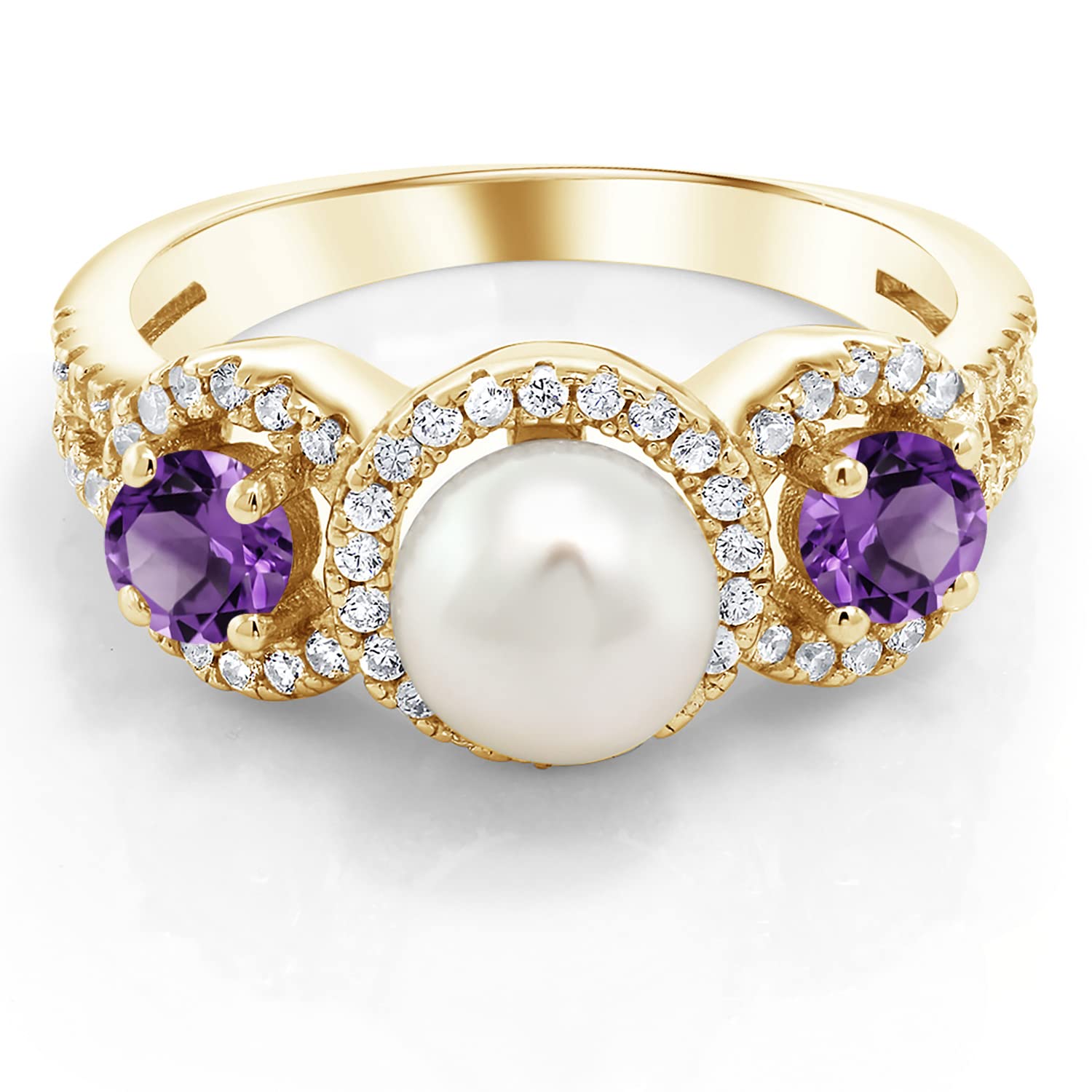 Gem Stone King 18K Yellow Gold Plated Silver Round Purple Amethyst and Cultured Freshwater Pearl Ring For Women (1.30 Cttw, Gemstone Birthstone, Available In Size 5, 6, 7, 8, 9)