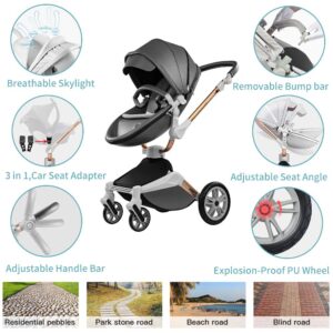 Hot Mom 2 Ultra Baby Stroller with 360° Rotation Function, PU Leather Pushchair Stylish and Convenient Pram for Newborns, 2024 (Dark Grey)