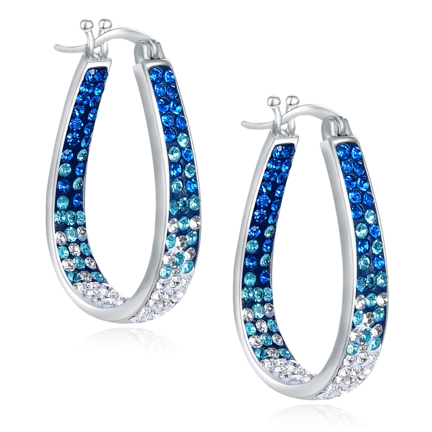 Rhodium Plated Blue and White Gradient Crystal Hoop Earrings for Women, Sparkly Royal Blue Earrings Fashion Jewelry