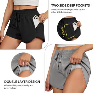 BMJL Women's Running Shorts High Waisted Athletic Shorts Summer Gym Workout Short with Zipper Pockets(M,Black2)