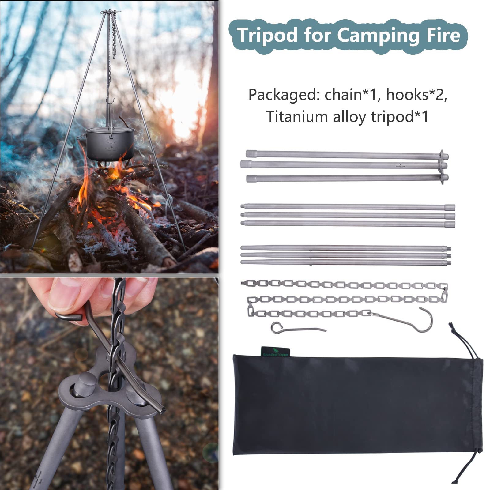 iBasingo Outdoor Titanium Pot with Lid Folding Handle Camping Hanging Cookware Hiking Picnic Ultralight Bowl Tableware (Ti9013O-Tripod)