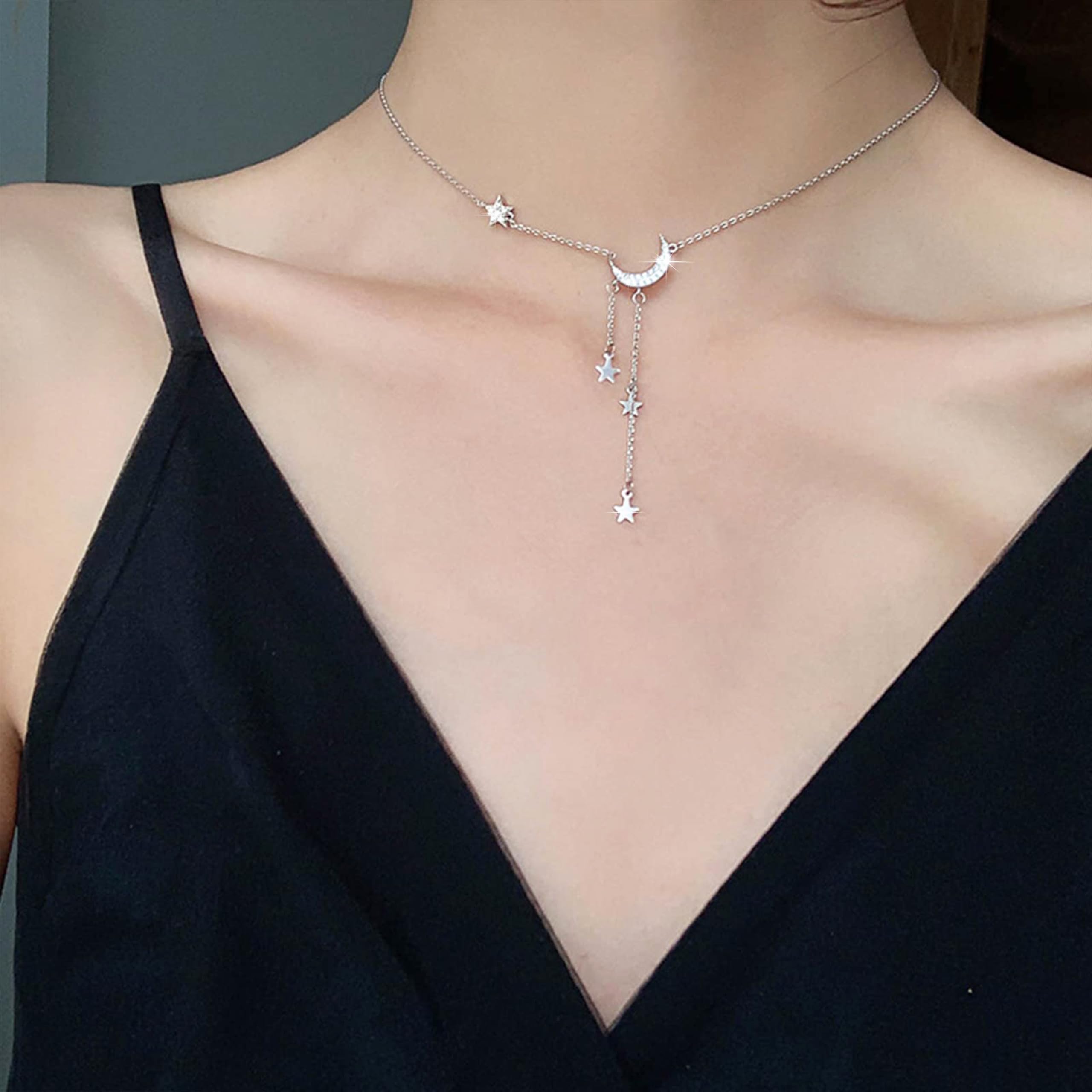 Long tiantian Star Necklace for Women Dainty Gold Necklace Gold Plated Star Choker Necklace Moon Star Jewelry Necklace Aesthetic Christmas Stocking Stuffers Birthday Jewelry