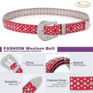 JASGOOD Rhinestone Belt for Women and Men, Western Cowgirl Cowboy Bling Studded Leather Belt Rhinestone Belt for Jeans Pants Dress, C-Red, Suit Pants Size 28”-33”