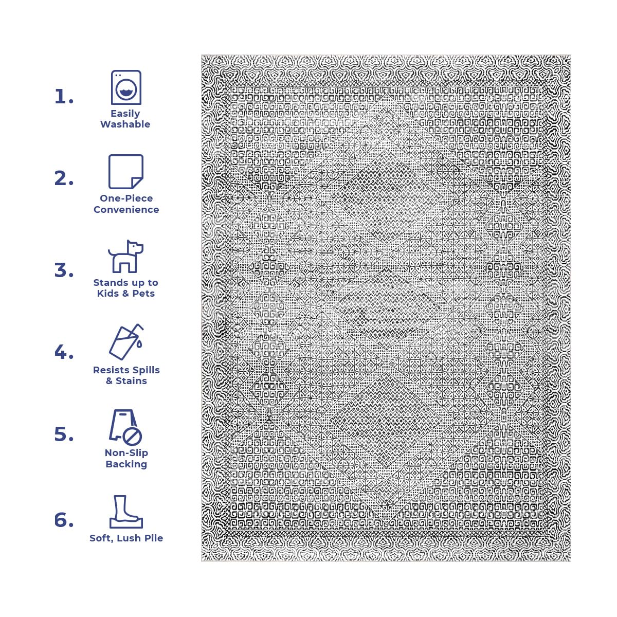 nuLOOM 6' x 9' SpinClean Machine Washable Stain-Resistant Area Rug with Non Slip Backing, Low Profile for Living Room, Bedroom, and Dining Room, Hart Grey