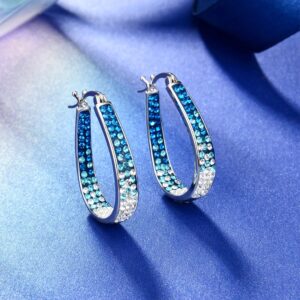 Rhodium Plated Blue and White Gradient Crystal Hoop Earrings for Women, Sparkly Royal Blue Earrings Fashion Jewelry