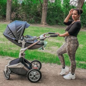 hot mom 2 ultra baby stroller with 360° rotation function, pu leather pushchair stylish and convenient pram for newborns, 2024 (dark grey)