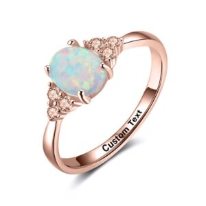 Catoka Opal Ring Dainty Simple Rings for Women Oval Lab Created White Opal & Round Cubic Zirconia Personalized Engraved Custom Name Sterling Silver