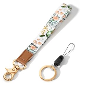 hsxnam wrist lanyard key chain, cute wristlet strap keychain holder for women keys car airpods id badges phone, white flower…