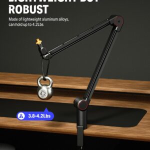 Donner Boom Arm, Adjustable Mic Stand on Desk with 3/8'' to 5/8'' Screw Adapter, Heavy Duty ALU Mic Stand up to 4.2 lbs, Microphone Arm with Cable Management Design for Gaming, Podcast, Recording