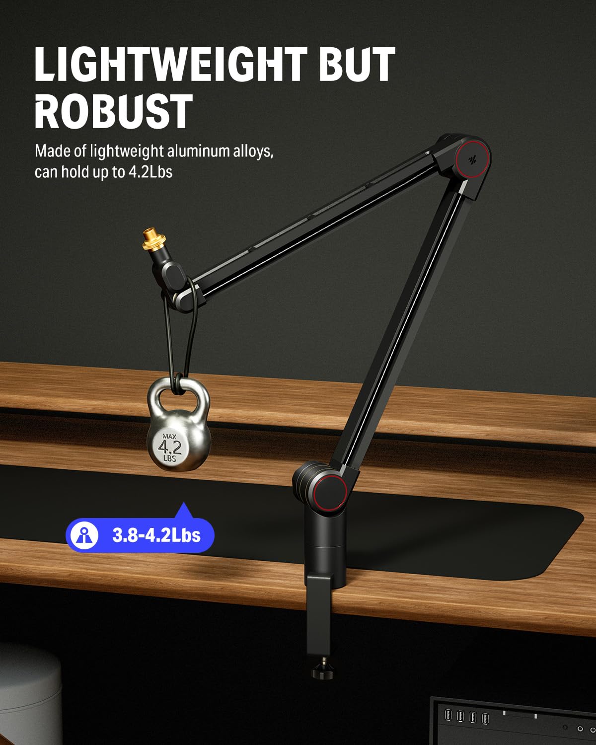 Donner Boom Arm, Adjustable Mic Stand on Desk with 3/8'' to 5/8'' Screw Adapter, Heavy Duty ALU Mic Stand up to 4.2 lbs, Microphone Arm with Cable Management Design for Gaming, Podcast, Recording