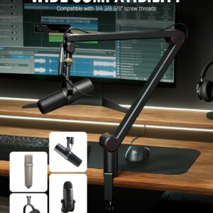 Donner Boom Arm, Adjustable Mic Stand on Desk with 3/8'' to 5/8'' Screw Adapter, Heavy Duty ALU Mic Stand up to 4.2 lbs, Microphone Arm with Cable Management Design for Gaming, Podcast, Recording