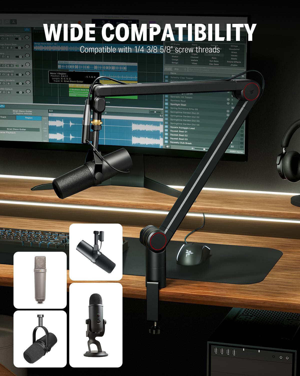 Donner Boom Arm, Adjustable Mic Stand on Desk with 3/8'' to 5/8'' Screw Adapter, Heavy Duty ALU Mic Stand up to 4.2 lbs, Microphone Arm with Cable Management Design for Gaming, Podcast, Recording