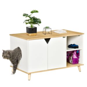 pawhut wooden cat litter box enclosure, hidden cat washroom, kitty end table, furniture style with double doors & adjustable storage shelf, oak