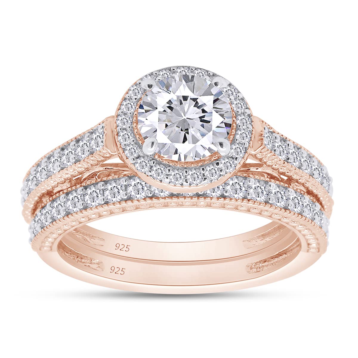 SAVEARTH DIAMONDS 1 1/4 Carat Round Cut Lab Created Moissanite Diamond Halo Bridal Set Engagement Ring In 14k Rose Gold Plated 925 Sterling Silver (G-H Color, 1.25 Cttw) Ring Size-8