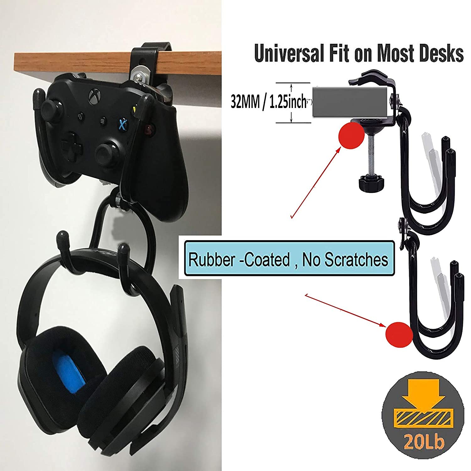 Universal Dual Game Controller & Headphone Stand Holder with Adjustable Arm Clamp - Under Desk Design Storage Hanger for PS3/PS4/PS5/Xbox 360/Xbox One/S/X/Elite/Series S/Series X Controller