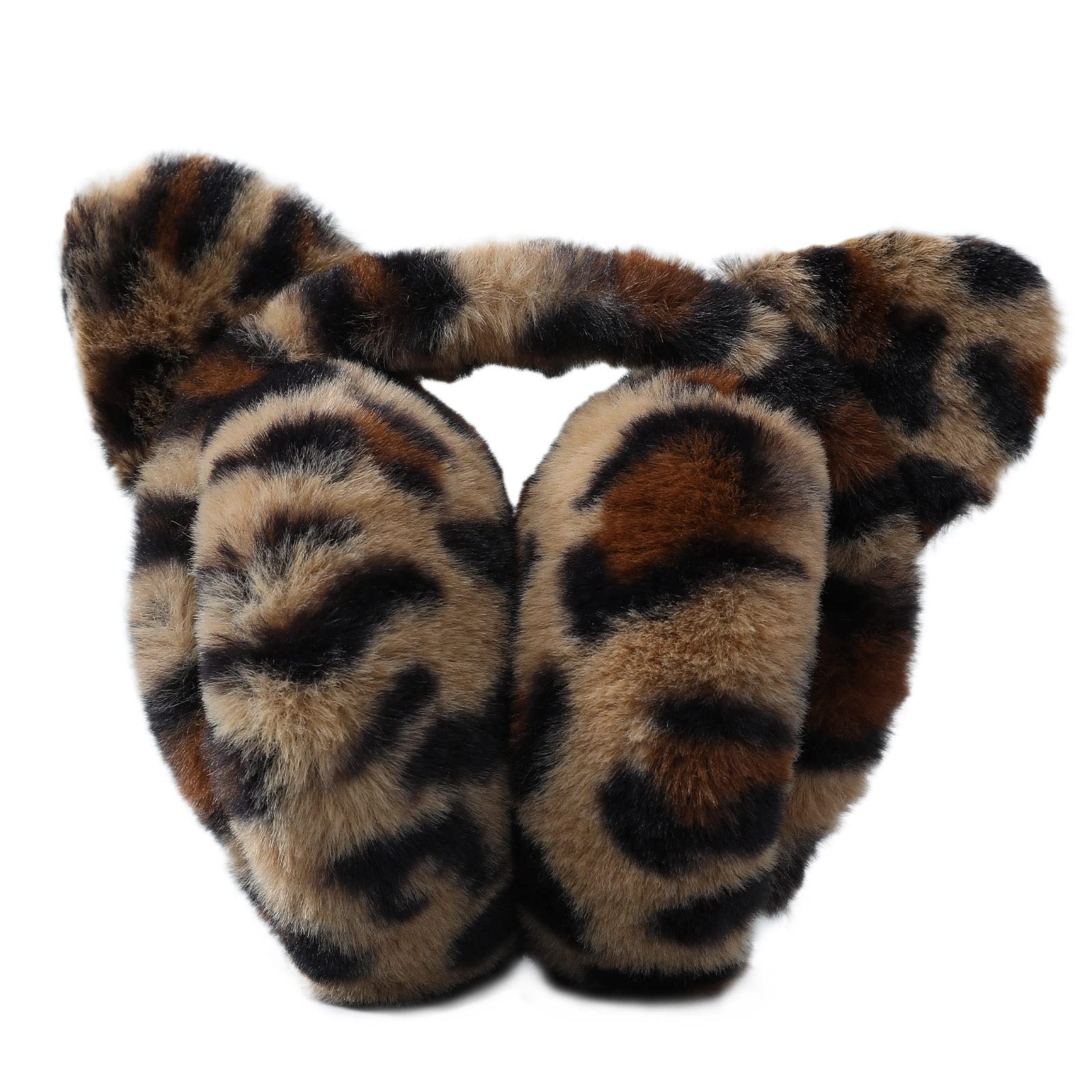 LUCKYBUNNY Girls Leopard Faux Fur Earmuffs Ear Warmers Winter Warm Plush Ear Covers for Indoor and Outdoor (Foldable Style- Leopard B)