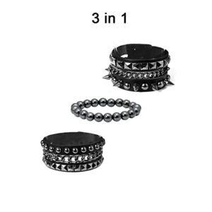 Eigso 3 Pcs Leather Studded Punk Cuff Bracelet Set for Men Women 80s Rock Retro Vintage Goth Spikes Wristbands for Man Woman