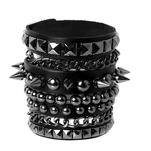 Eigso 3 Pcs Leather Studded Punk Cuff Bracelet Set for Men Women 80s Rock Retro Vintage Goth Spikes Wristbands for Man Woman