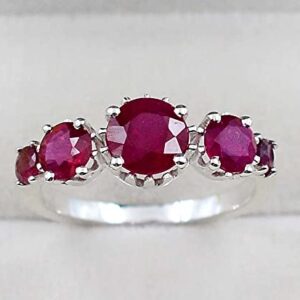 7 MM Round Cut Natural Red Ruby Gemstone 925 Sterling Silver July Birthstone Three Stone Proposal Ring For Girlfriend Gift (Rose Gold Rhodium Plated Silver, 9)