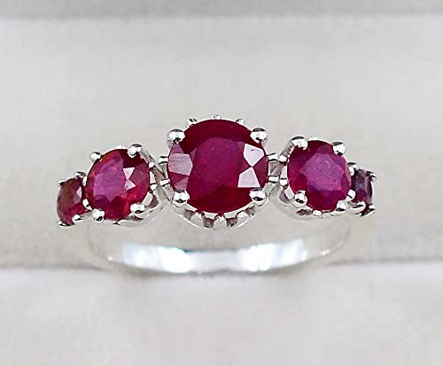 7 MM Round Cut Natural Red Ruby Gemstone 925 Sterling Silver July Birthstone Three Stone Proposal Ring For Girlfriend Gift (Rose Gold Rhodium Plated Silver, 9)