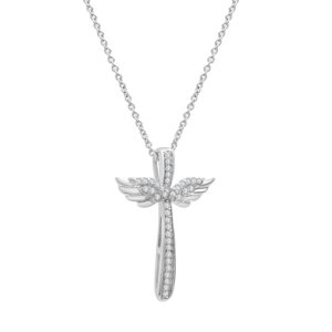 Timeless Love 1/10 CT Diamond Wing Cross Pendant Set in Sterling Silver, Necklace with 18" Cable Spring Ring, Dainty Jewelry for Women, Luxury Fashion Pendant Necklaces for Women or Girls