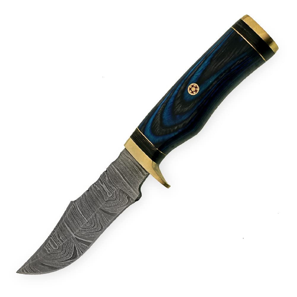 Custom Handmade Damascus Steel Hunting Knife/Skinning Knife SS-17453 (Blue & Black Wood) (Red) (Blue)